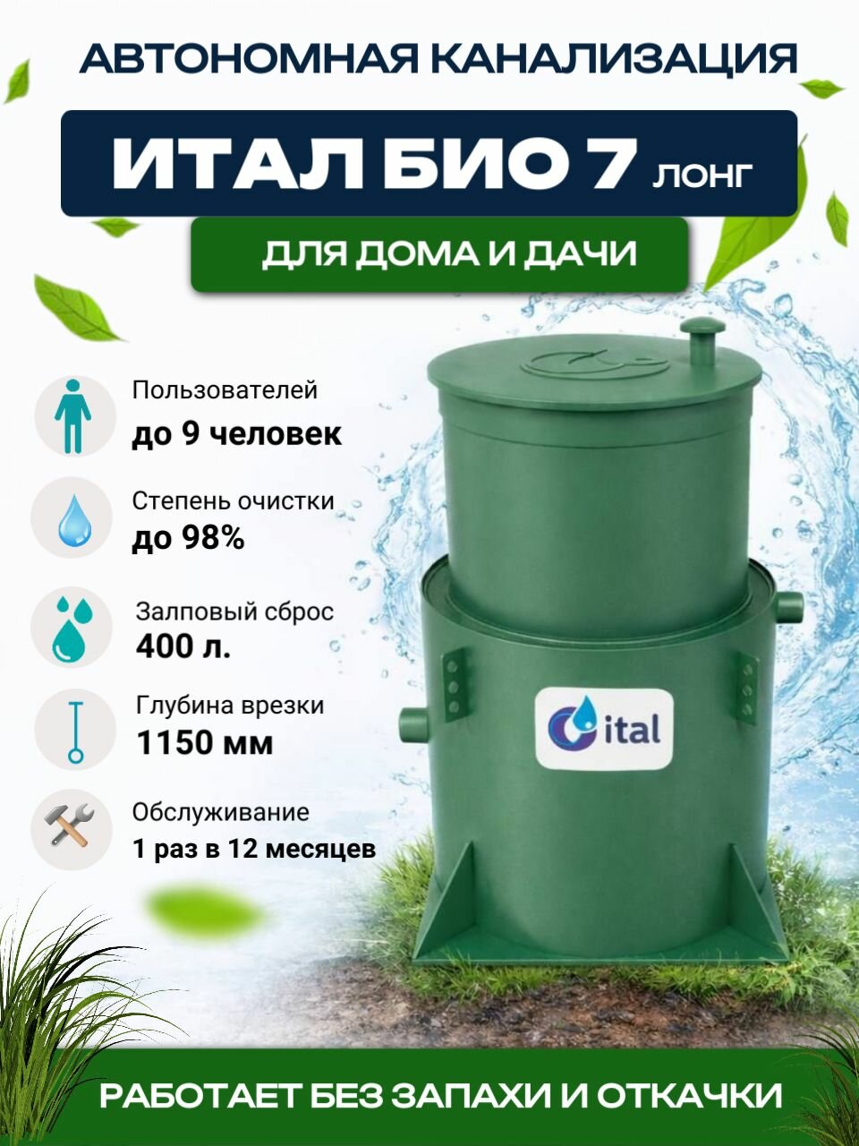 Септик Итал био 7 лонг для дачи и дома автономная канализация, очистка 98%, залповый сброс 400 л