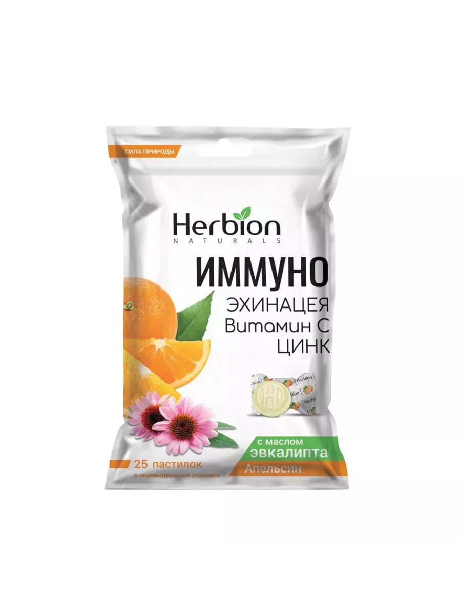 Herbion иммуно эхинацея витамин с цинк апельсин 25 шт. пасти