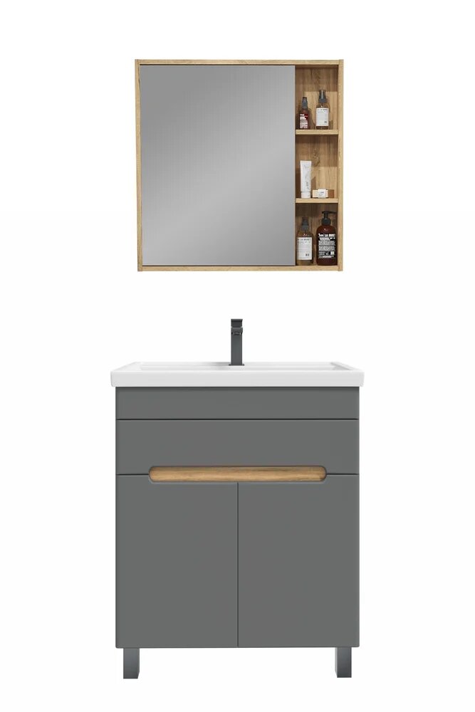 Мебель для ванной комнаты SanStar Модена 70 напольная, графит софт, дуб вотан, раковина Фостер 70