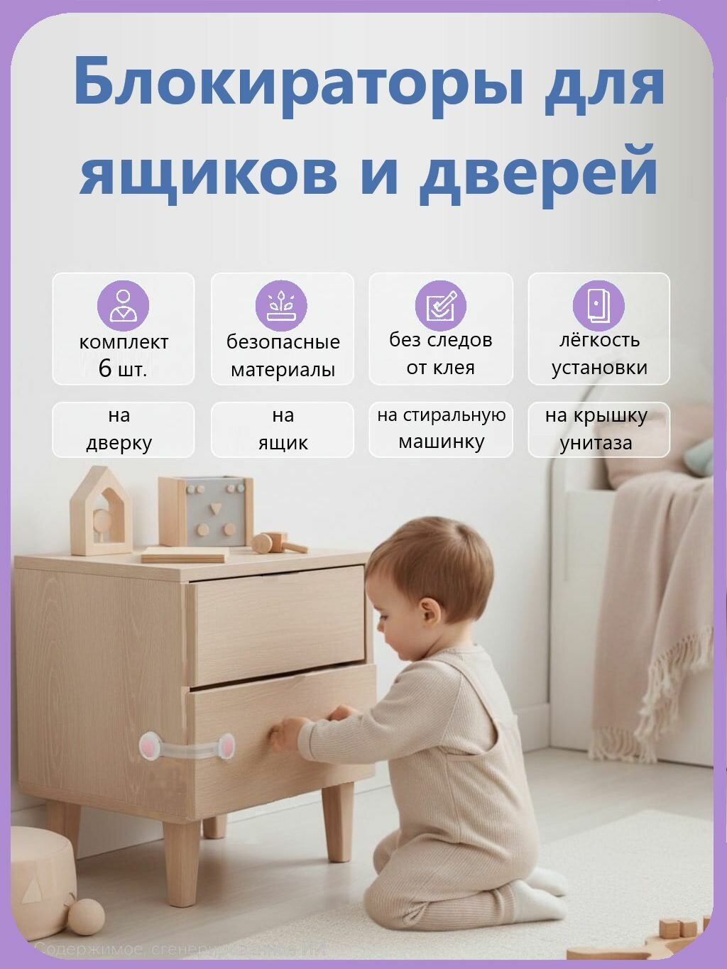 Блокиратор дверей и ящиков от детей съемные, 6 шт.( 2 упаковки). Защита от детей на мебель, унитаз, холодильник, створки