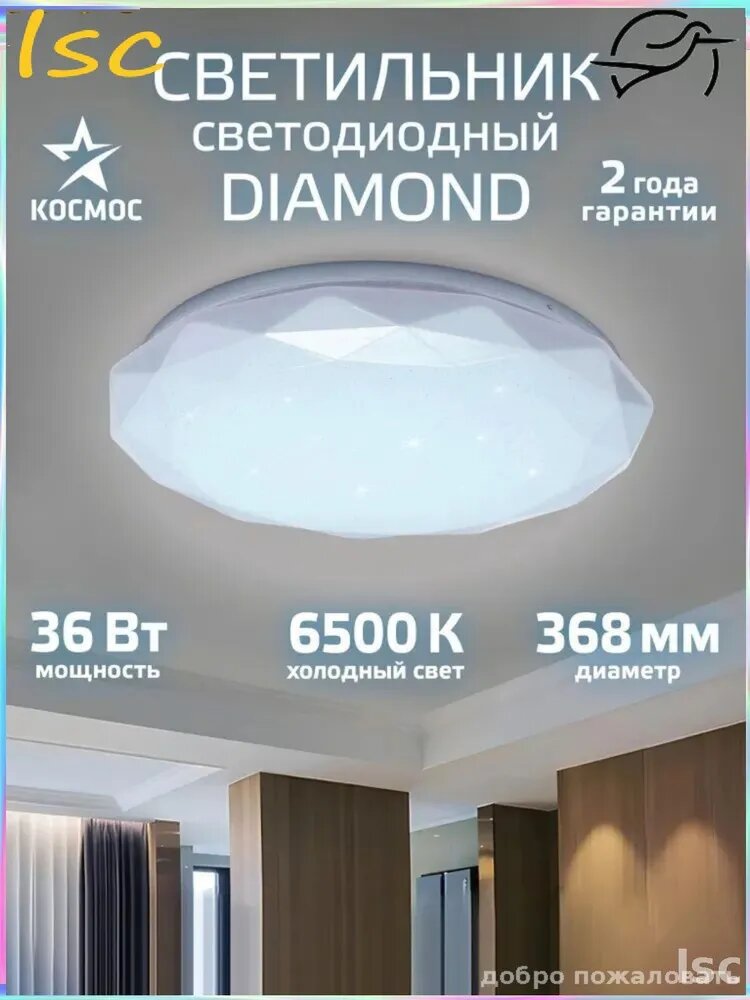 Потолочный светодиодный светильник DIAMOND, 36 Вт, 368 мм, 6500К, холодный свет