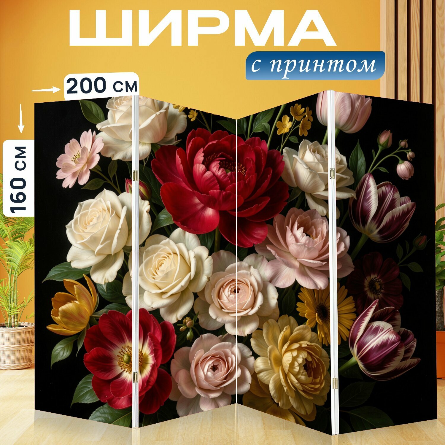 Ширма "Роскошный букет садовых цветов. Классическая флористическая композиция на темном фоне: алые и кремовые." перегородка для зонирования комнаты с принтом 200x160 см. на холсте