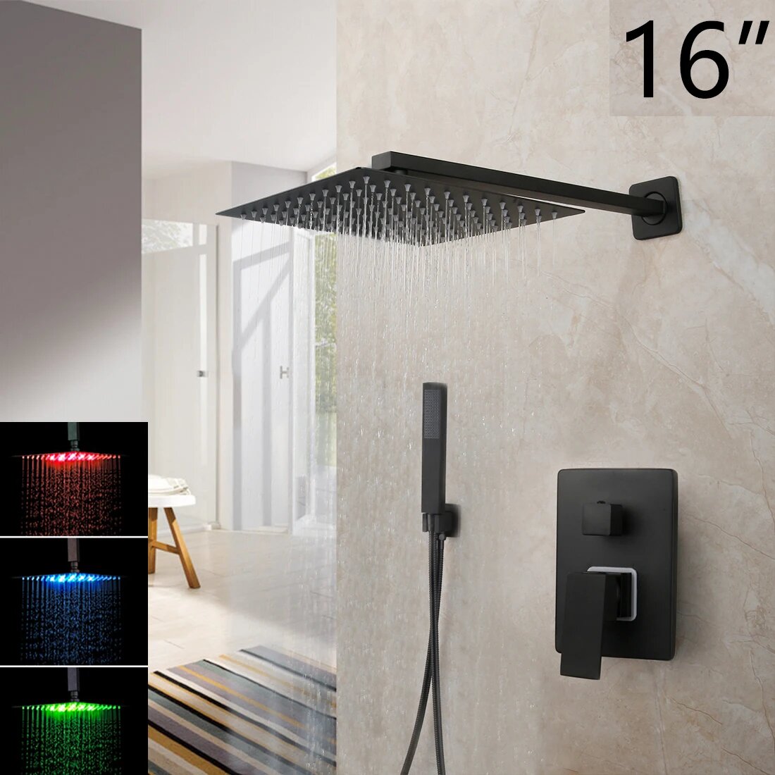 Матовый черный душевой кран для ванной, дождевой душ для ванны с светодиодом, система душа для ванны, квадратная дождевая душа, водопадный смесительный кран - светодиод 16 дюймов, 2 режима