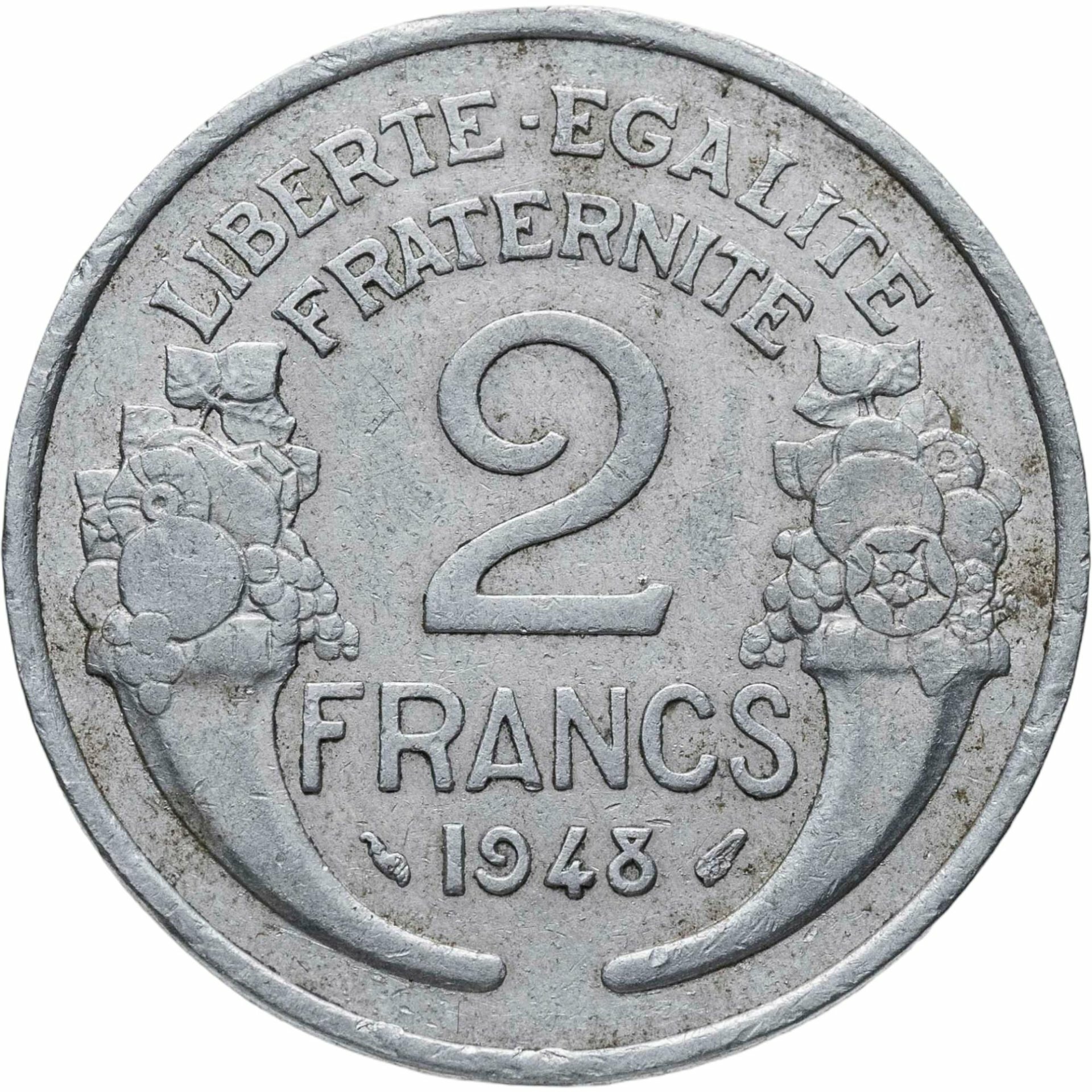 Франция 2 франка francs 1948 без отметки монетного двора, Алюминий, в сохранности VF