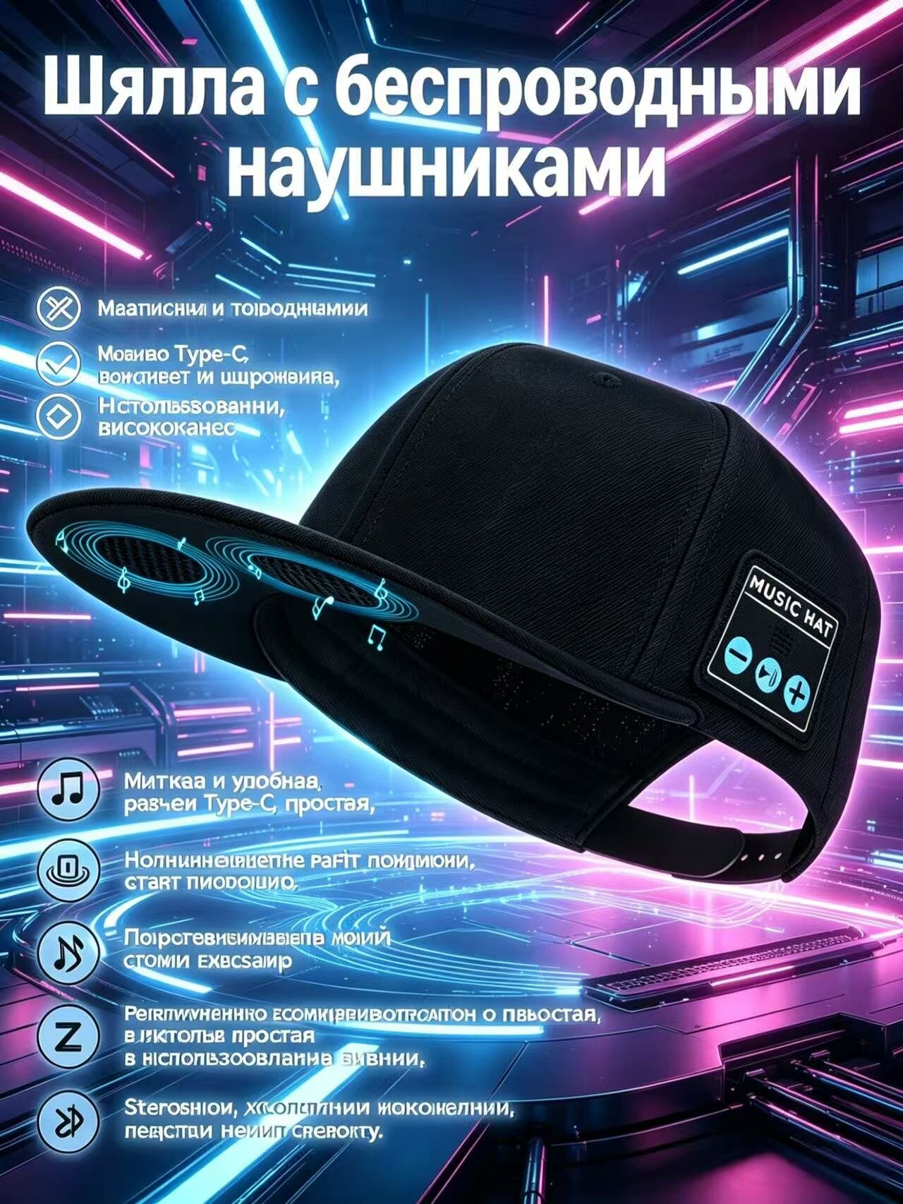 Шапка GDLYL, беспроводная музыкальная, черный, 20.5-25.2 дюйма