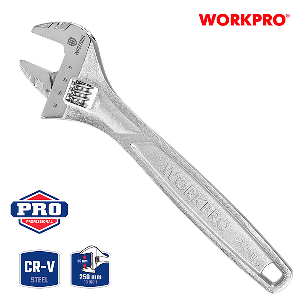 Ключ разводной "Workpro", 0 - 35 мм, 250 мм, хромованадиевая сталь (WP272008)