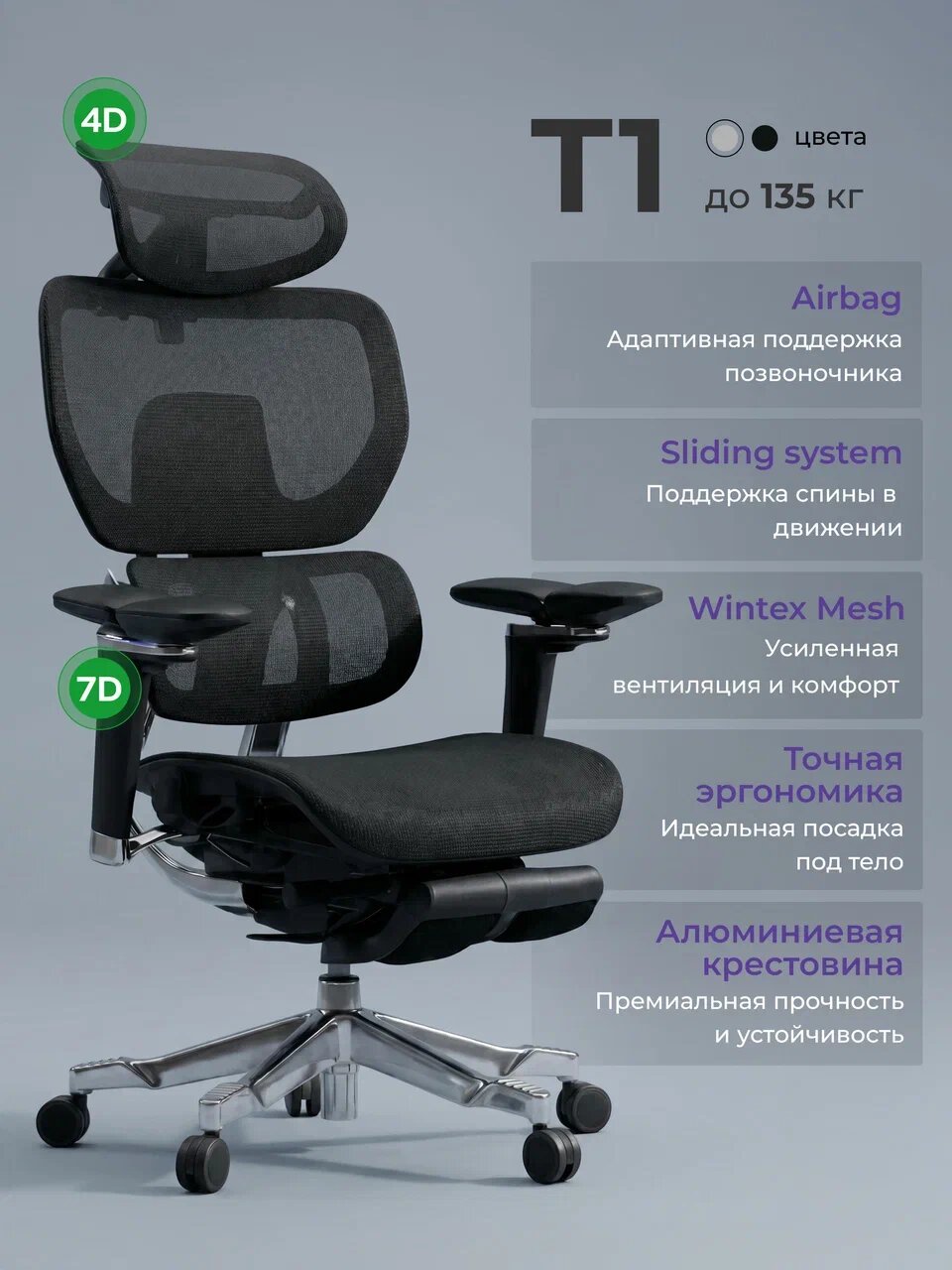 Кресло компьютерное эргономичное ортопедическое для дома и офиса Ergostul T1 Black