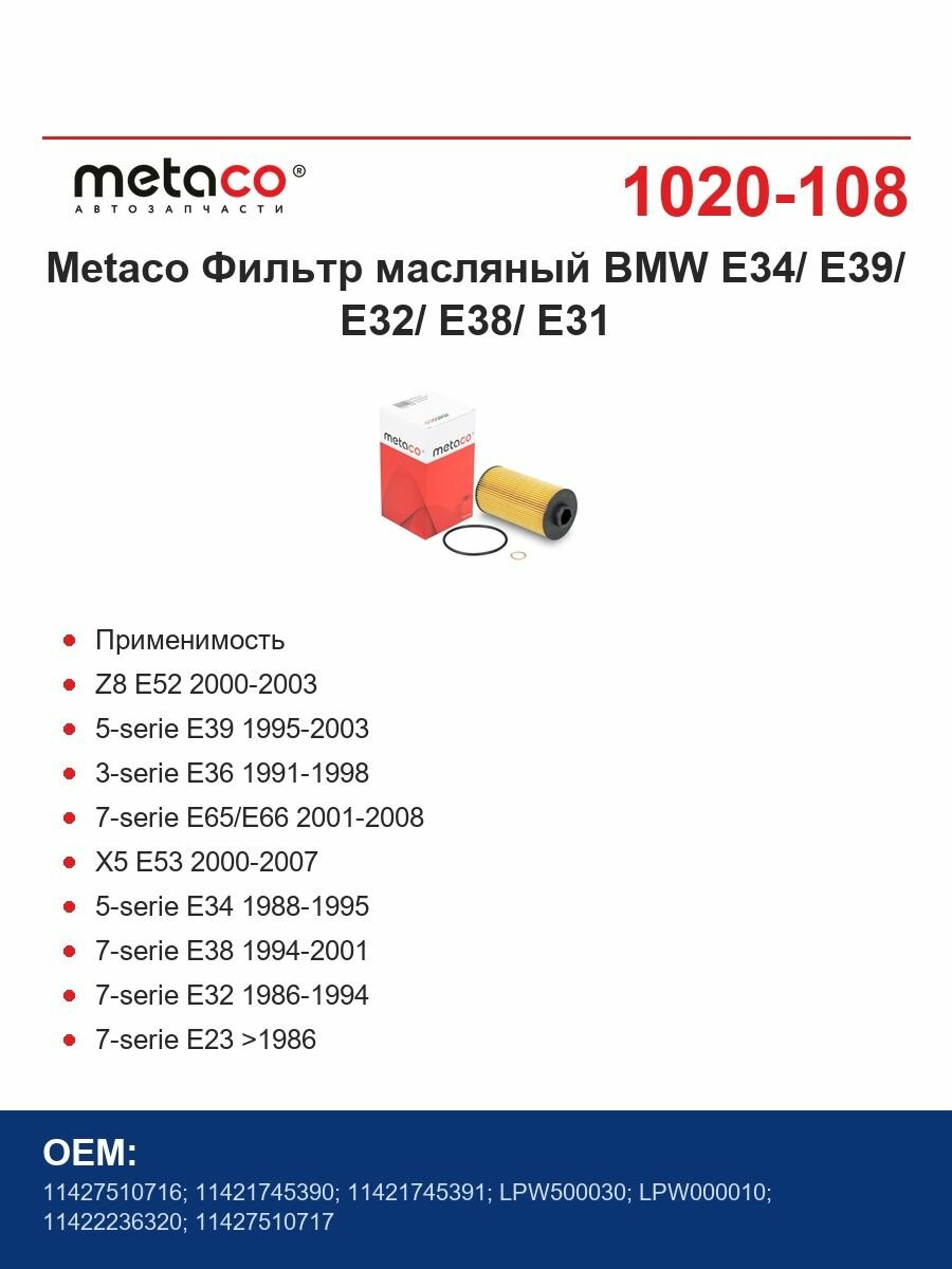 Metaco Фильтр масляный BMW E34/ E39/ E32/ E38/ E31