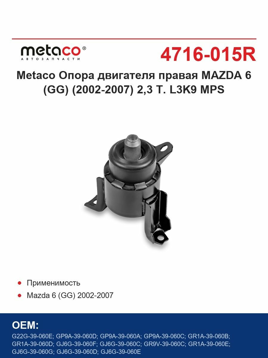 Metaco Опора двигателя правая MAZDA 6 (GG) (2002-2007) 2,3 Т. L3K9 MPS