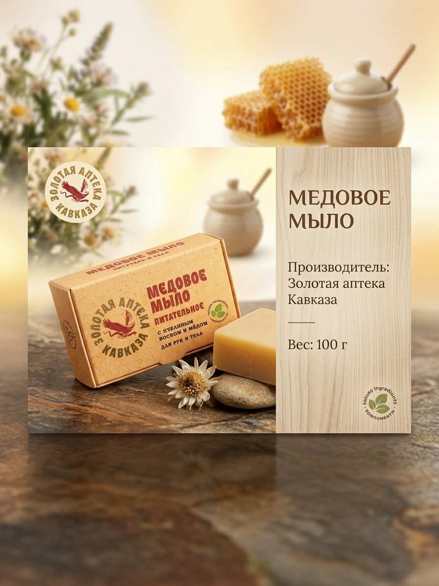 Медовое мыло "Золотая аптека Кавказа", с пчелиным воском, для рук, тела, 100 г