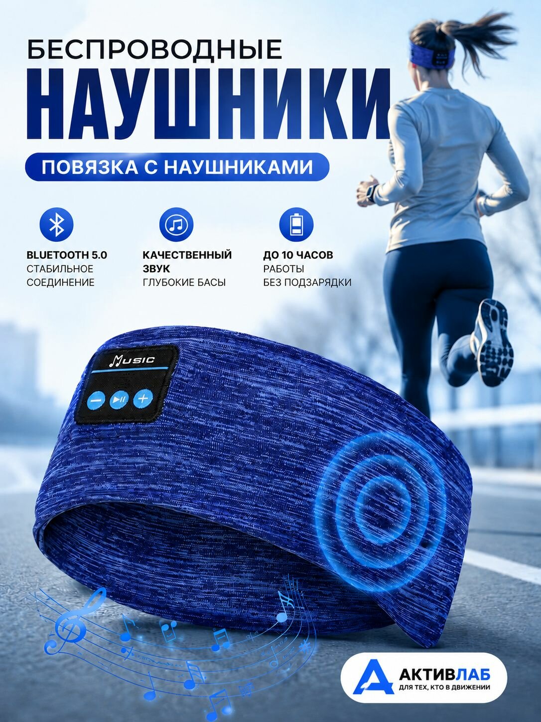 Bluetooth повязка с наушниками для сна и спорта, цвет синий