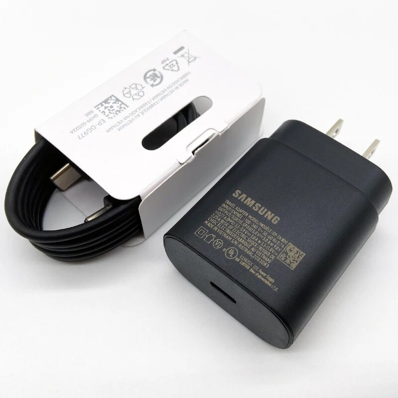 Зарядное устройство Samsung с американской вилкой, USB C адаптер 25 Вт Черный, Black US and Cable