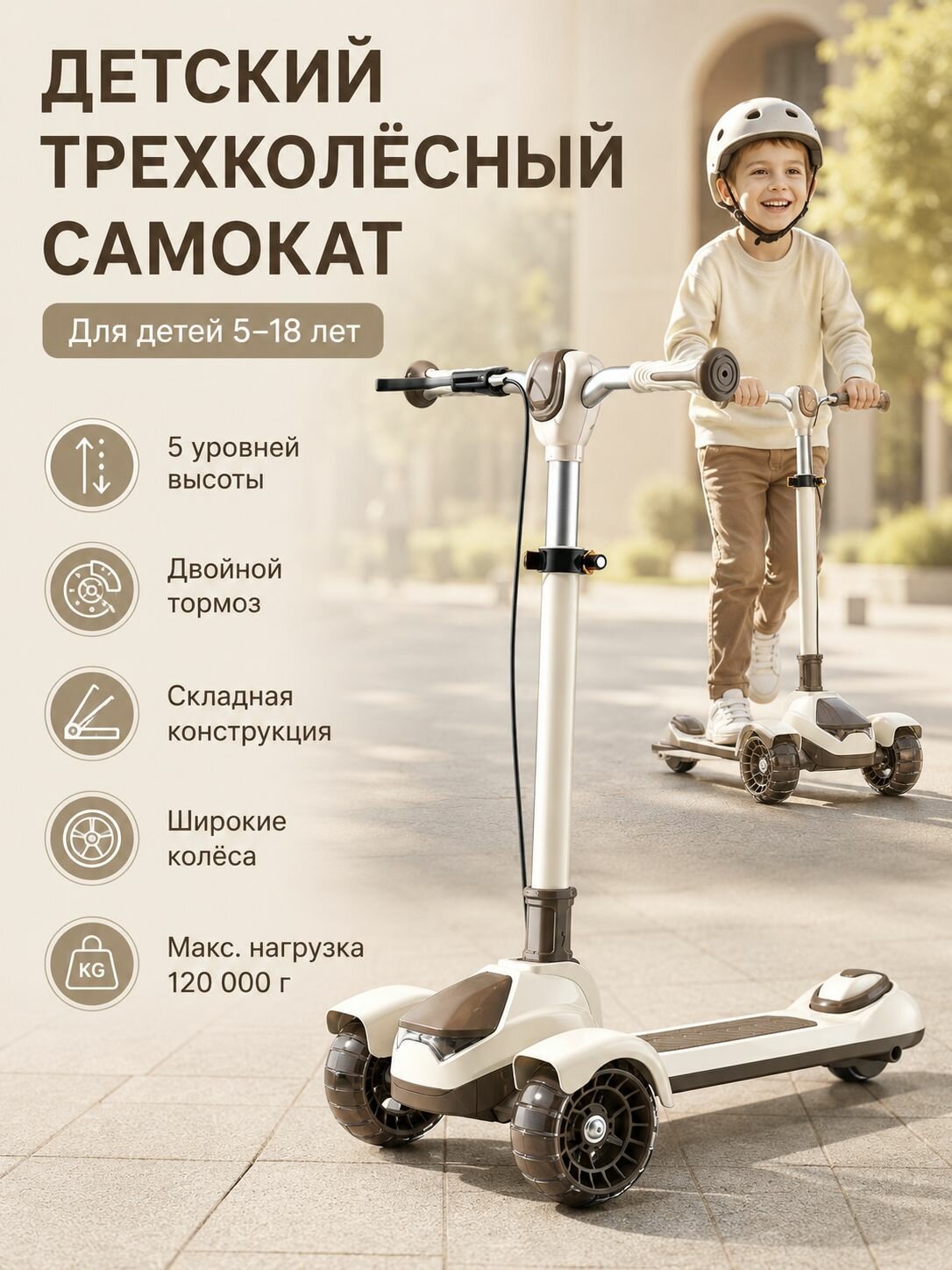 Самокат двойной тормоз до 120 кг, коричневый