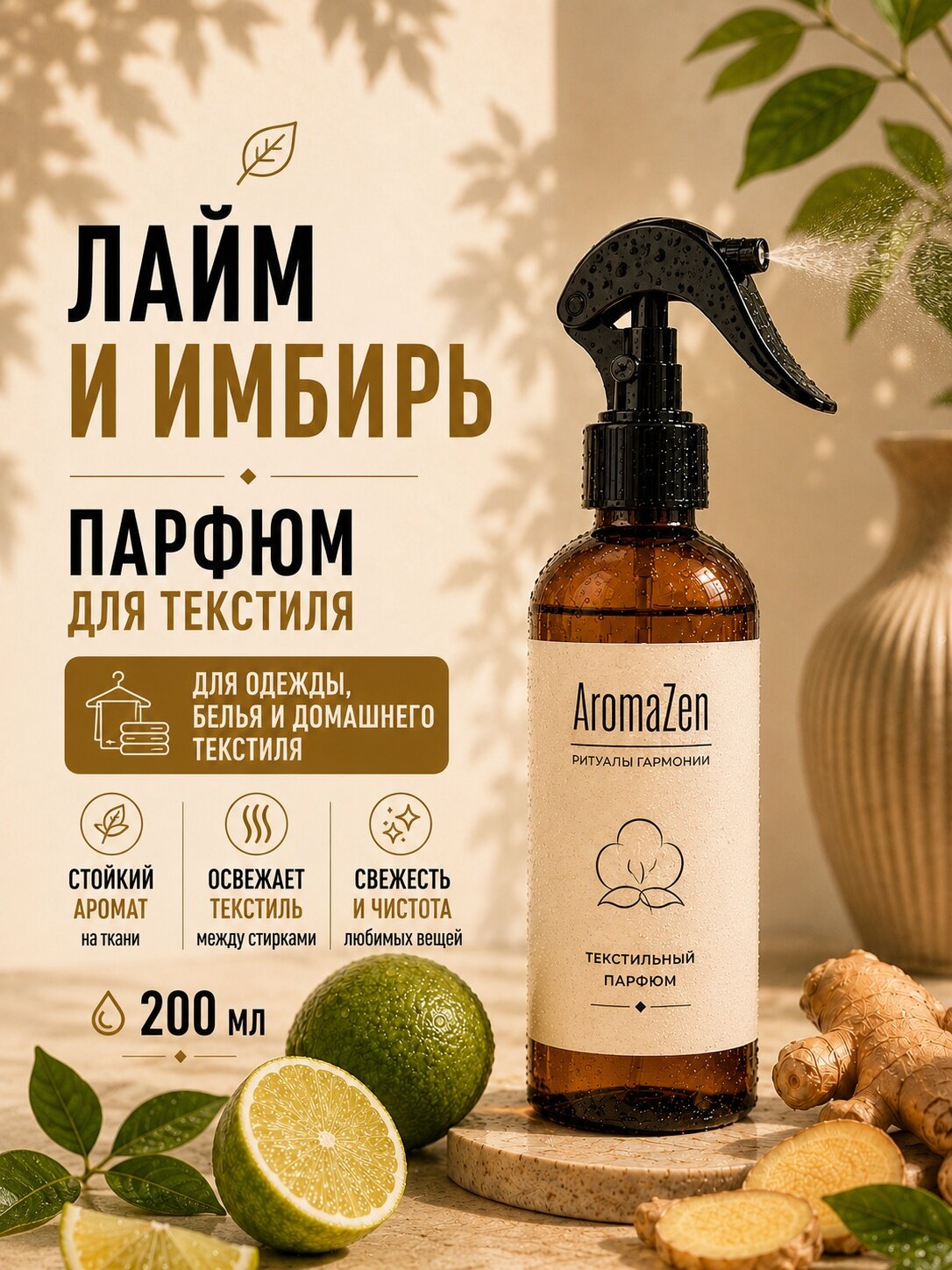 Текстильный парфюм Лайм и Имбирь аромат для дома, одежды и белья AromaZen, 200 мл