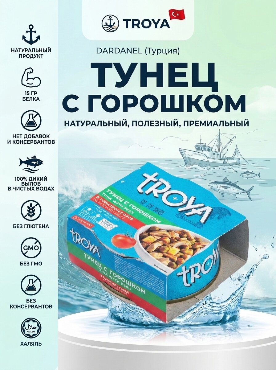 Консервированный Тунец с горошком в томатном соусе, 150 гр. Торговой марки TROYA