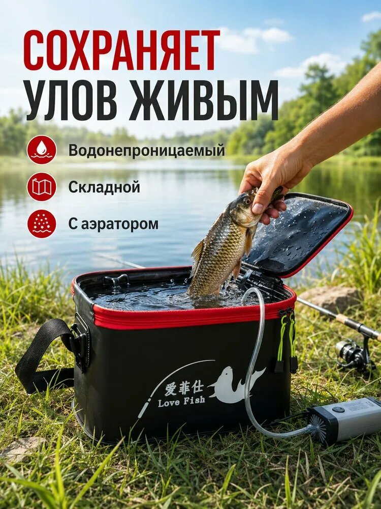 Каны рыболовные для рыбы / Сумка для рыбалки / Ведро для хранения улова 30 см Черный, Грузоподъемность 100 кг, Утолщенный EVA, разборное ведро для рыбы