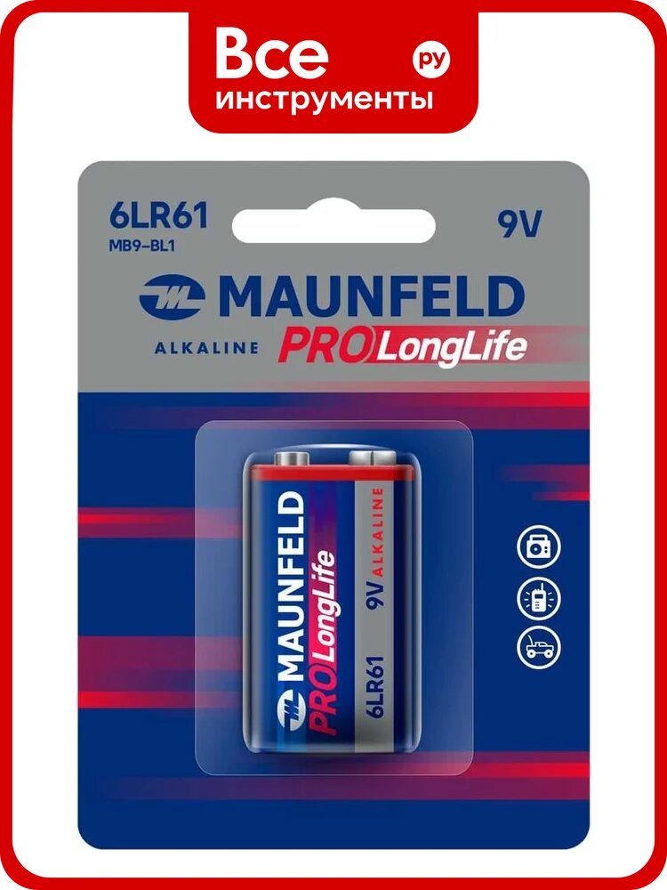 Батарейки MAUNFELD pro long life alkaline 9v(6lr61), блистер 1 шт MB9-BL1