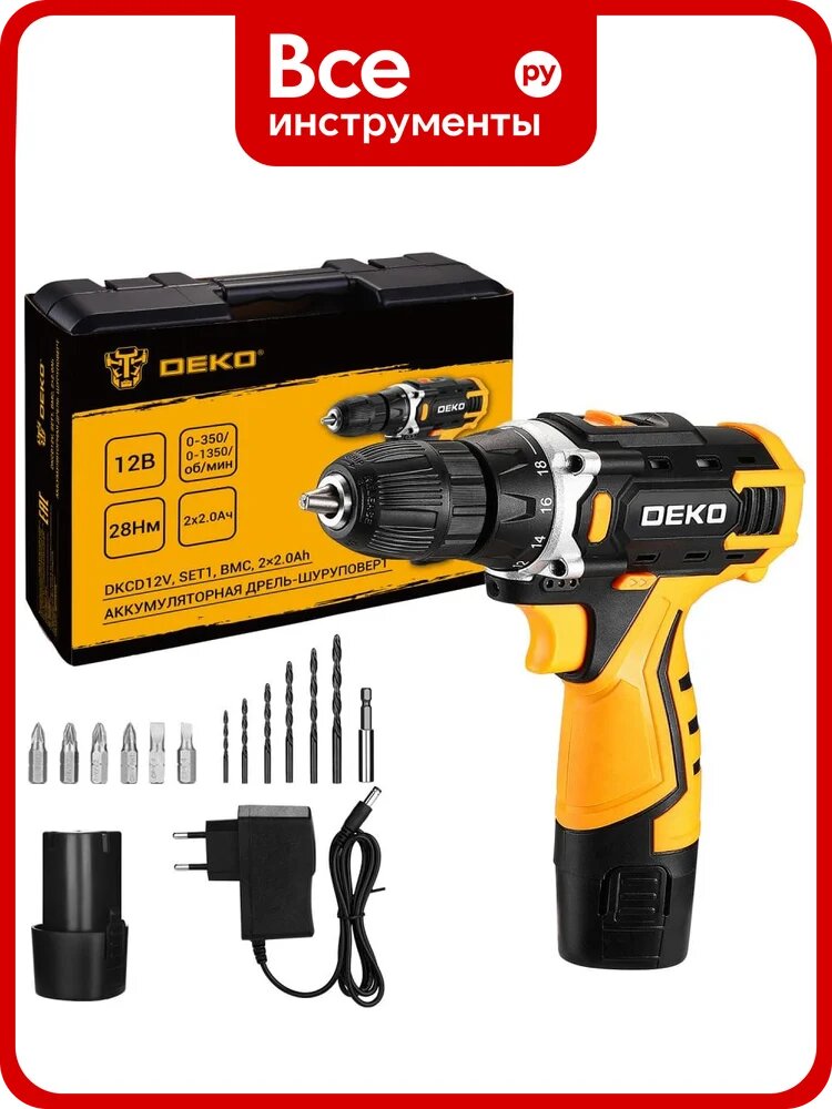 Аккумуляторная дрель-шуруповерт DEKO DKCD12V SET1 в кейсе + оснастка 13 шт, 2_2,0 А·ч 083-1022