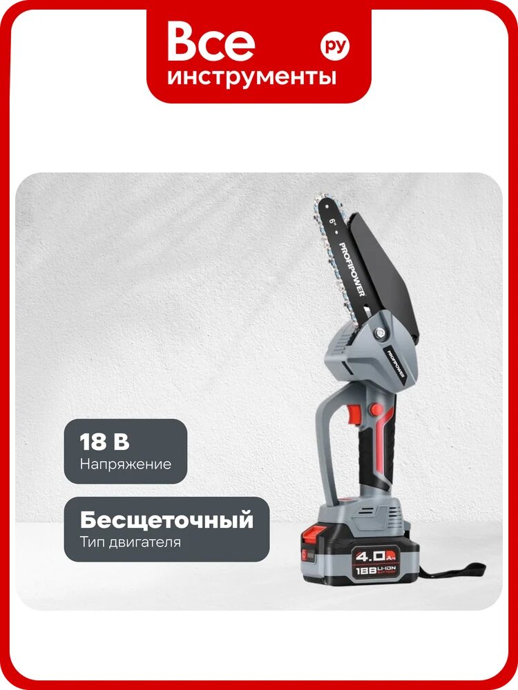 Аккумуляторная бесщеточная цепная пила Profipower MKGST-18V (Li-ion-2шт, 2.0Ач, 0-4500 об/мин, З/У, коробка) E0097