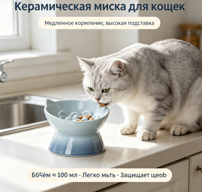Керамическая миска для кошек с ушками для медленного кормления, на высоком основании для защиты шеи, против обжорства