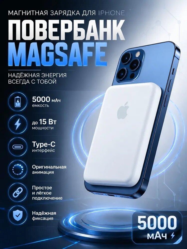Беспроводной powerbank для айфона / Беспроводная зарядка magsafe / 5000 mAh / Powerbank