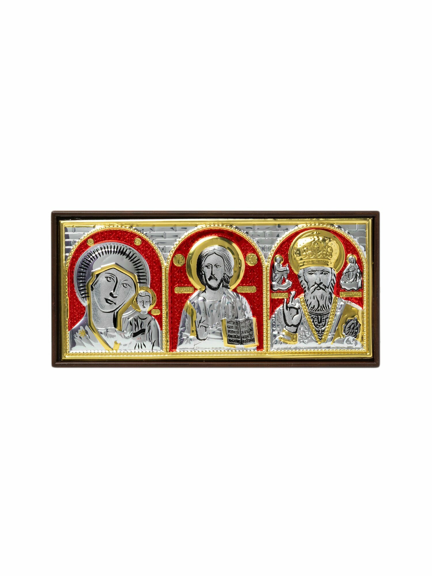 Икона автомобильная Тройник - Казанская Божья Матерь, Господь Вседержитель, Николай Чудотворец 10,5х5 см красный