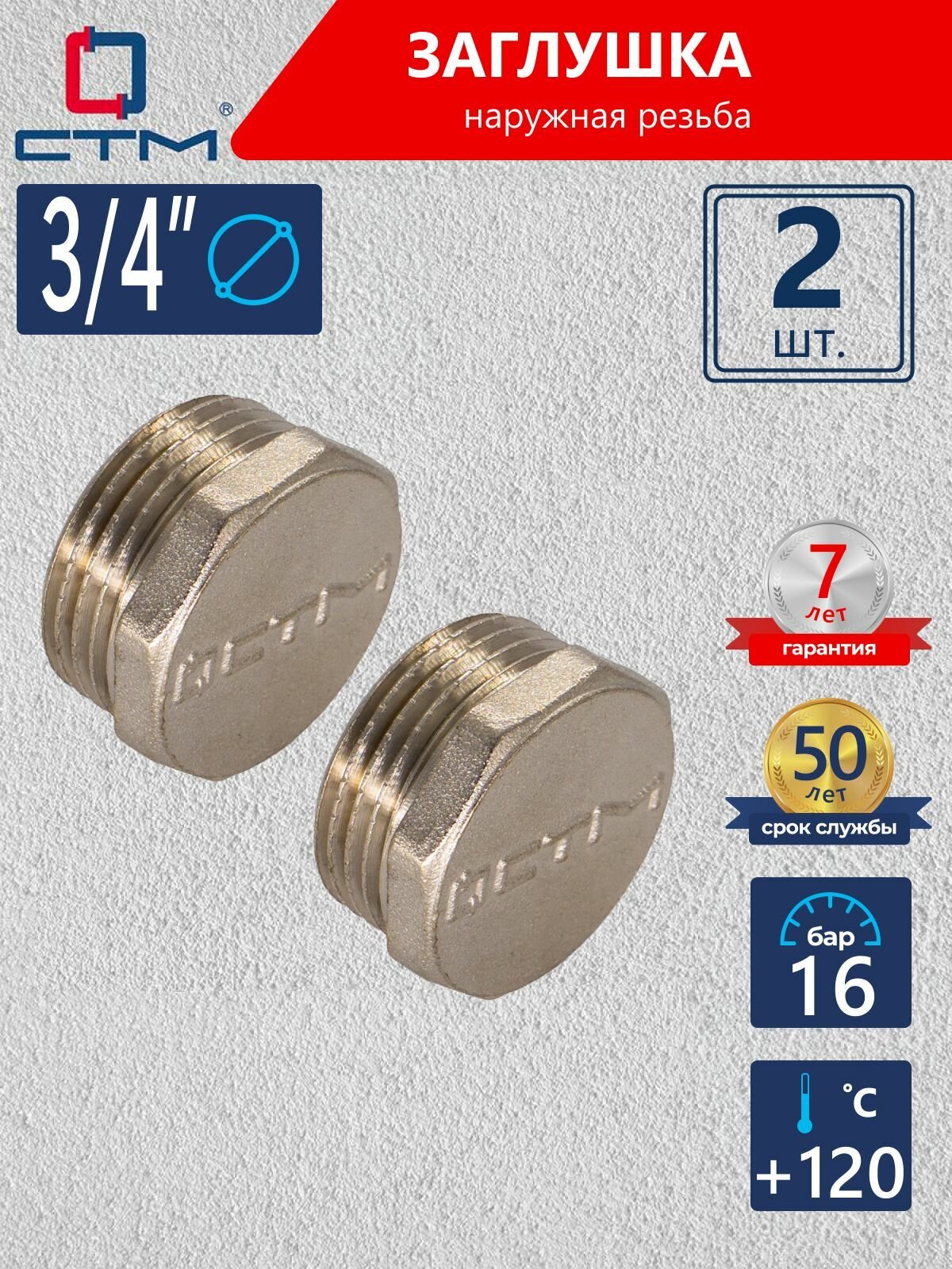 Заглушка 3/4", латунная, резьба наружная, 2 шт