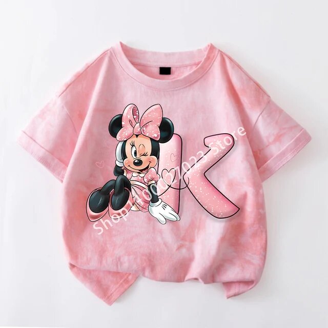 Футболка с короткими рукавами и принтом букв Минни Маус для мальчиков и девочек Диснея в стиле тай-дай. Футболка с круглым вырезом. Милые подарки для детей.