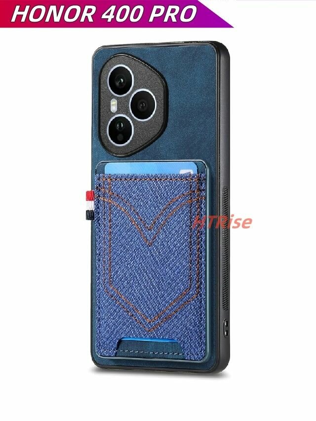 Чехол кожаный на Honor 400 Pro ( Хонор 400 Про ) c карманом , автомобильный магнитный держатель для телефона, защитный, противоударный(синий)