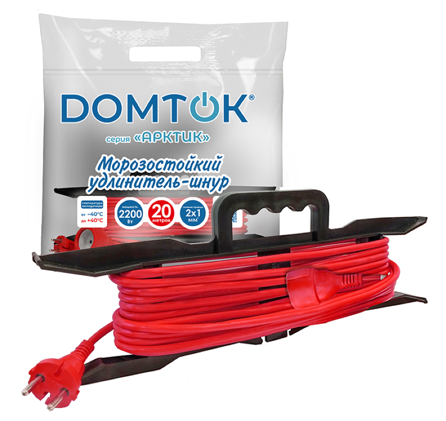 Удлинитель силовой на рамке DOMTOK / Домток Арктик без заземления морозостойкий, провод КГ 2х1 красный, 1 штепсельное гнездо, 2200Вт, IP44, 20м / электрика