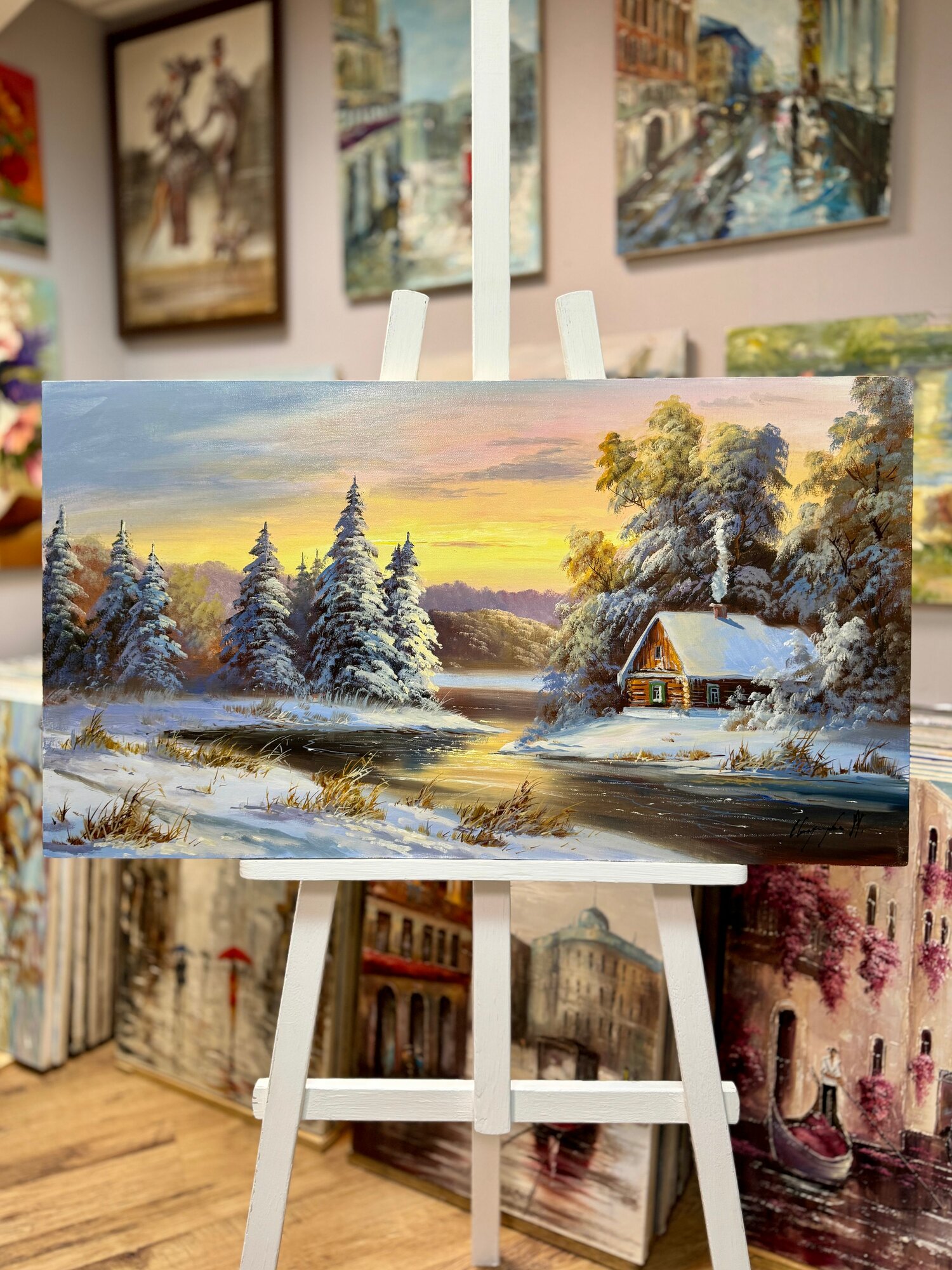 Картина маслом солнечный зимний пейзаж с рекой 90x50 см. Художественная мастерская Грёзы