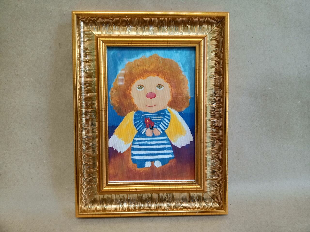 Картина "Ангелочек" в золотой раме. Печать на холсте с живописной работы. Размер с рамкой 15,5х20,5 см.