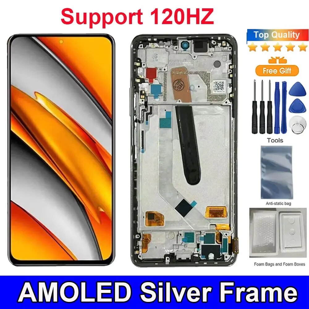 AMOLED 6,67 'для Xiaomi Poco F3/F3 Pro ЖК-дисплей с рамкой, сенсорная панель, дигитайзер для Poco F3 M2012K11AG, замена экрана AMOLED SilverFrame