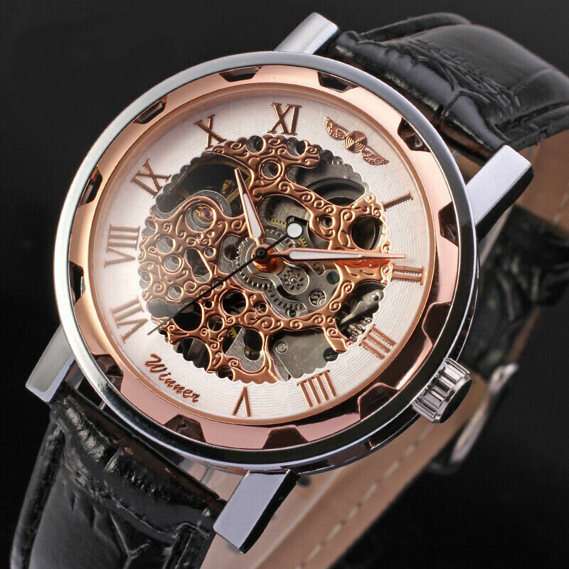 Прозрачные мужские механические часы-скелетоны с ручным заводом в стиле стимпанк с кожаным ремешком и аналоговым винтажным дизайном