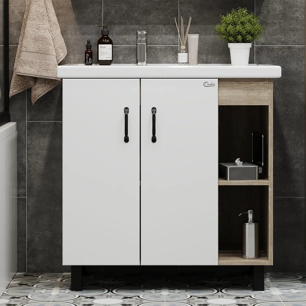 Тумба под раковину без столешницы Onika Тимбер 80.10 напольная, белая, светлое дерево, матовая, из МДФ, тумба для ванной, с дверками, с доводчиками