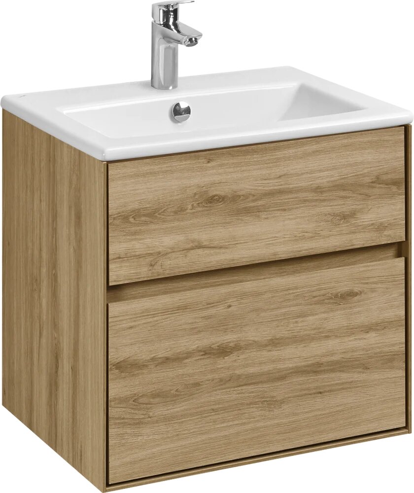 Тумба с раковиной AQUATON Либерти 60 подвесная, 60 см, светлое дерево, матовая, из ЛДСП, с ящиками, раковина для ванной фарфоровая, прямоугольная, встроенный слив-перелив