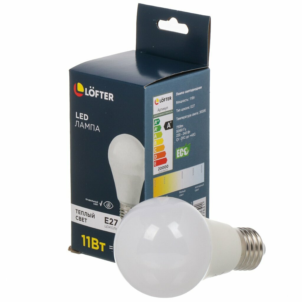 Лампа светодиодная E27, 11 Вт, 80 Вт, 220 В, груша, 3000 К, свет теплый белый, Lofter
