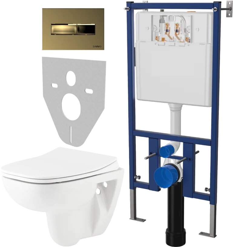 Комплект DIWO 6 в 1: инсталляция, унитаз подвесной Seramiksan Petite Petite безободковый, сиденье микролифт, кнопка смыва 7325 золотая, шумоизоляция, крепления (инсталляция с унитазом комплект)