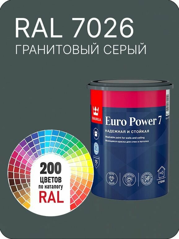 Краска для стен и потолка Tikkurila Euro Power 7 серый гранитовый Ral 7026 0.9 л.