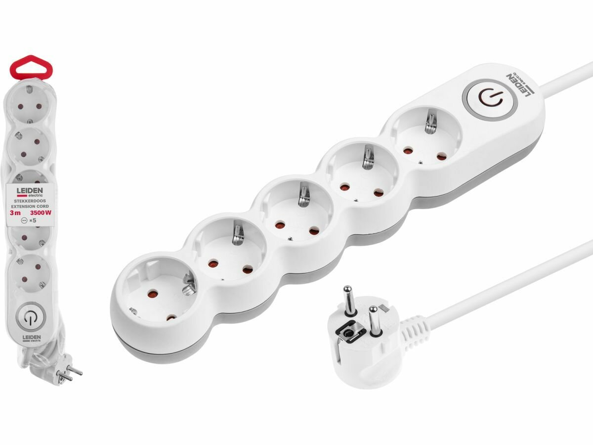 Удлинитель сетевой с заземлением и выключателем Leiden Electric 3 метра 5 розеток, 3,5кВт, ПВС 3х1,5 (805039)