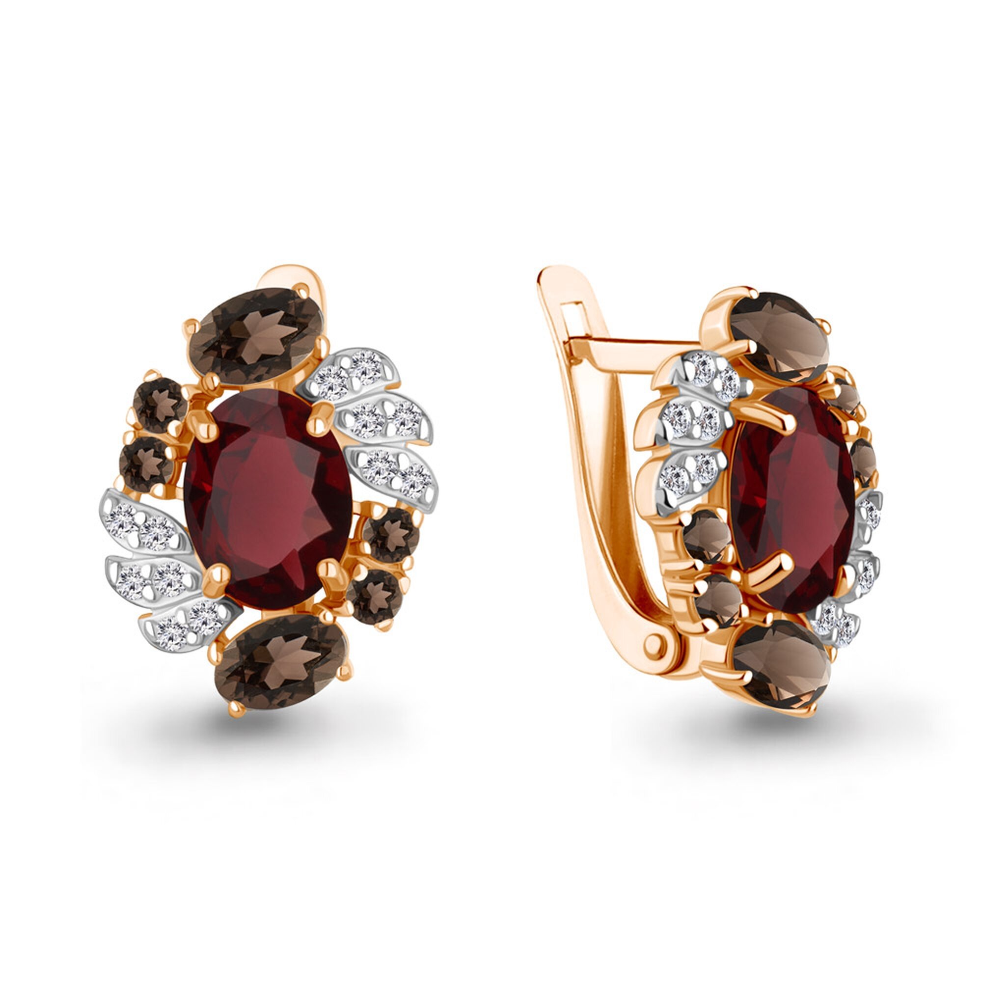 Серьги, серебро, 925 проба, золочение, кварц, фианит, гранат