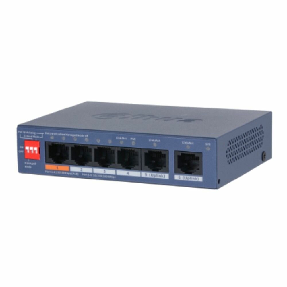 DAHUA Коммутаторы DH - CS4006 - 4ET2GT - 60 4 - портовый гигабитный PoE коммутатор с функцией облачного управления, 4xRJ45 100Mb, 2xRJ45 1Gb uplink, суммарно 60Вт