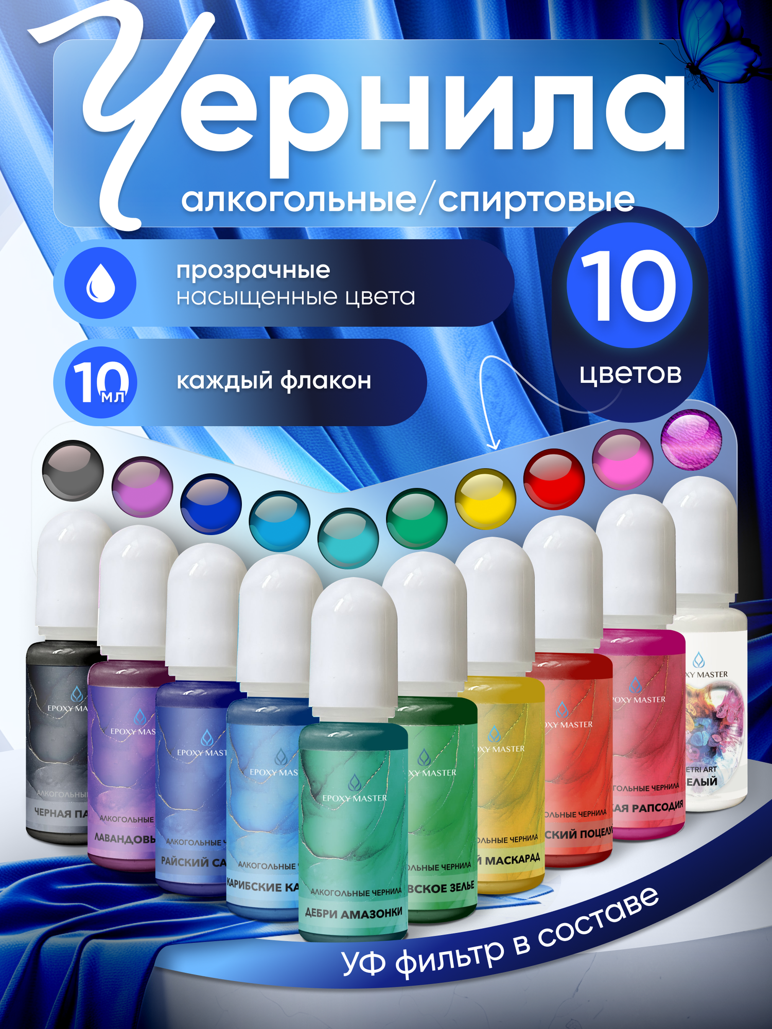 Набор алкогольных чернил EpoxyMaster, для эпоксидной смолы и декупажа, 10 цветов по 10 мл