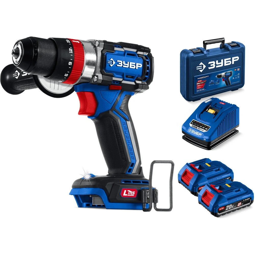 Бесщеточная ударная дрель-шуруповерт Зубр кейс Профессионал 20 В, 70 Н·м, 2 АКБ, бурения льда