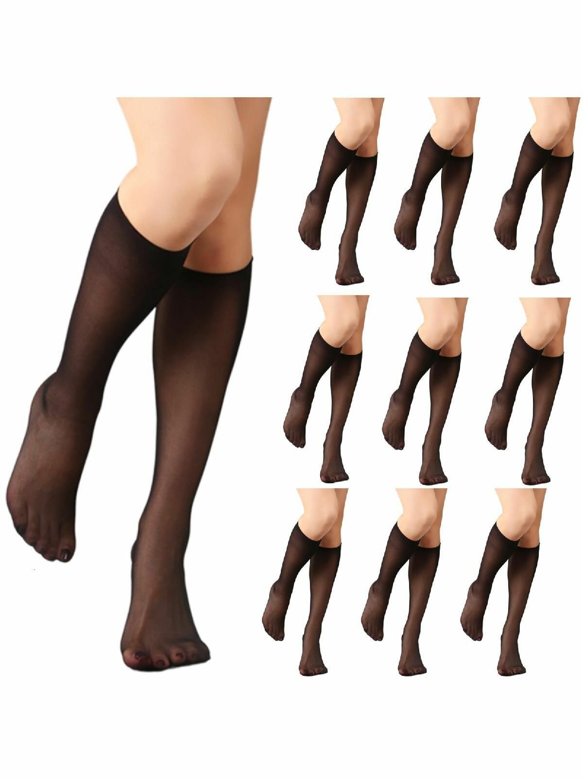 Шелковые чулки до колена, Черный - 10 предметов