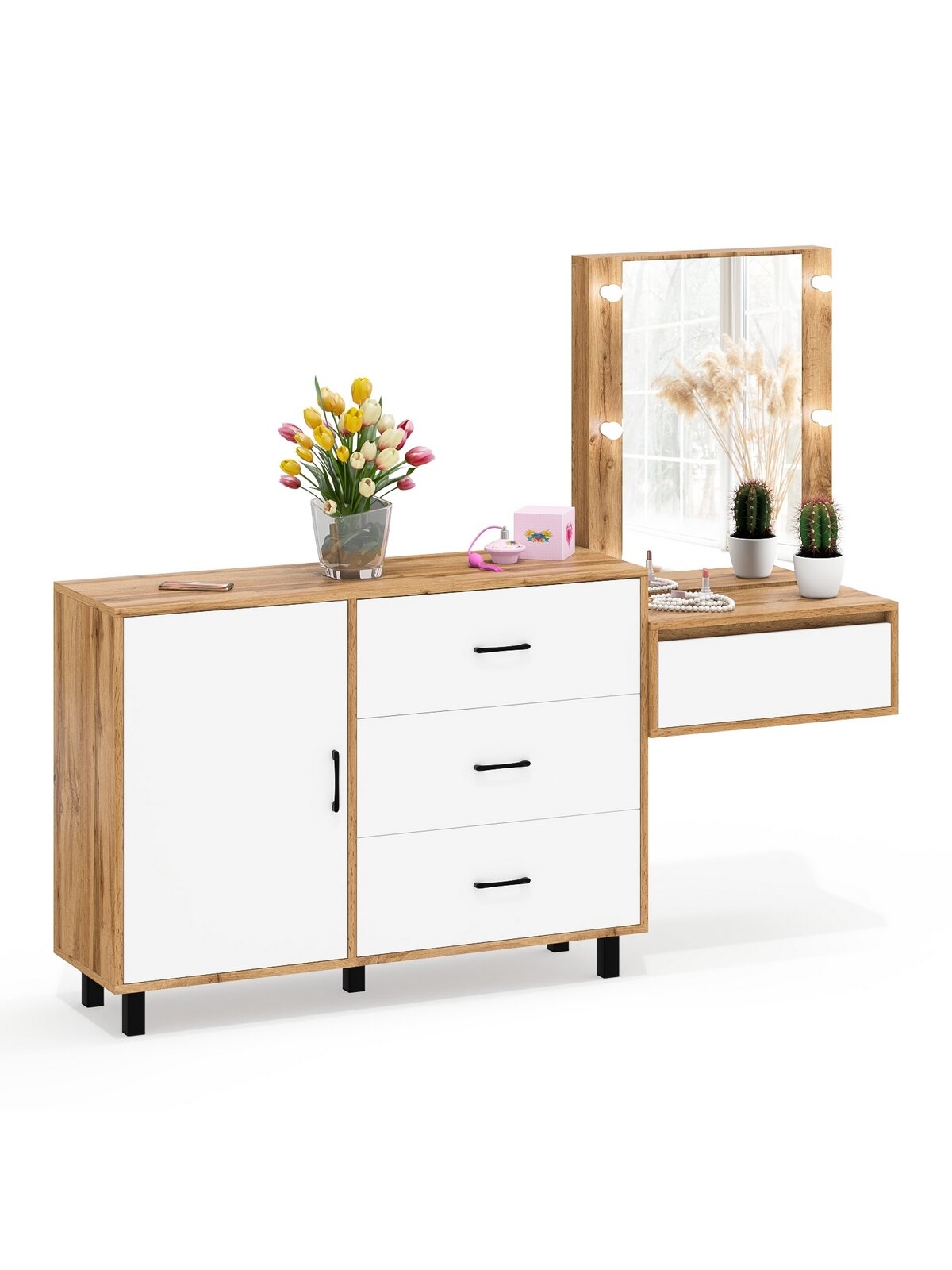 Комод с дверками и ящиками 122-1204 и косметический столик навесной с подсветкой, дуб вотан/белый, 181,4х38,4х150 см.