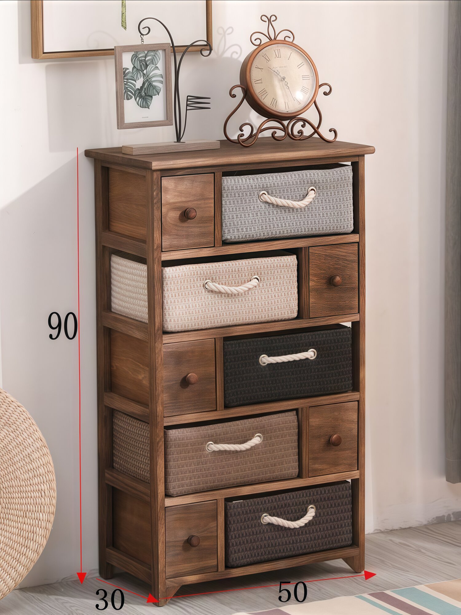 Шкаф для хранения I037, из массива дерева и ротанга, коричневый