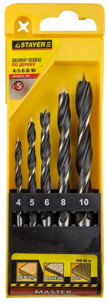 STAYER M-type 5 шт. 4-5-6-8-10мм, набор спиральных сверл по дереву, 2942-H5