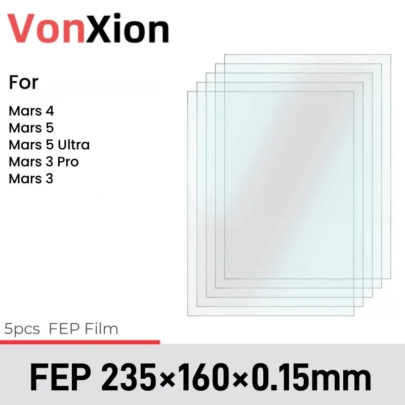 Vonxion 5 шт. Разделительная пленка FEP 235x160x0.15мм для деталей 3D принтера ELEGOO Mars 4 Ultra Mars 5 Ultra Mars 3 Pro LCD SLA УФ смола