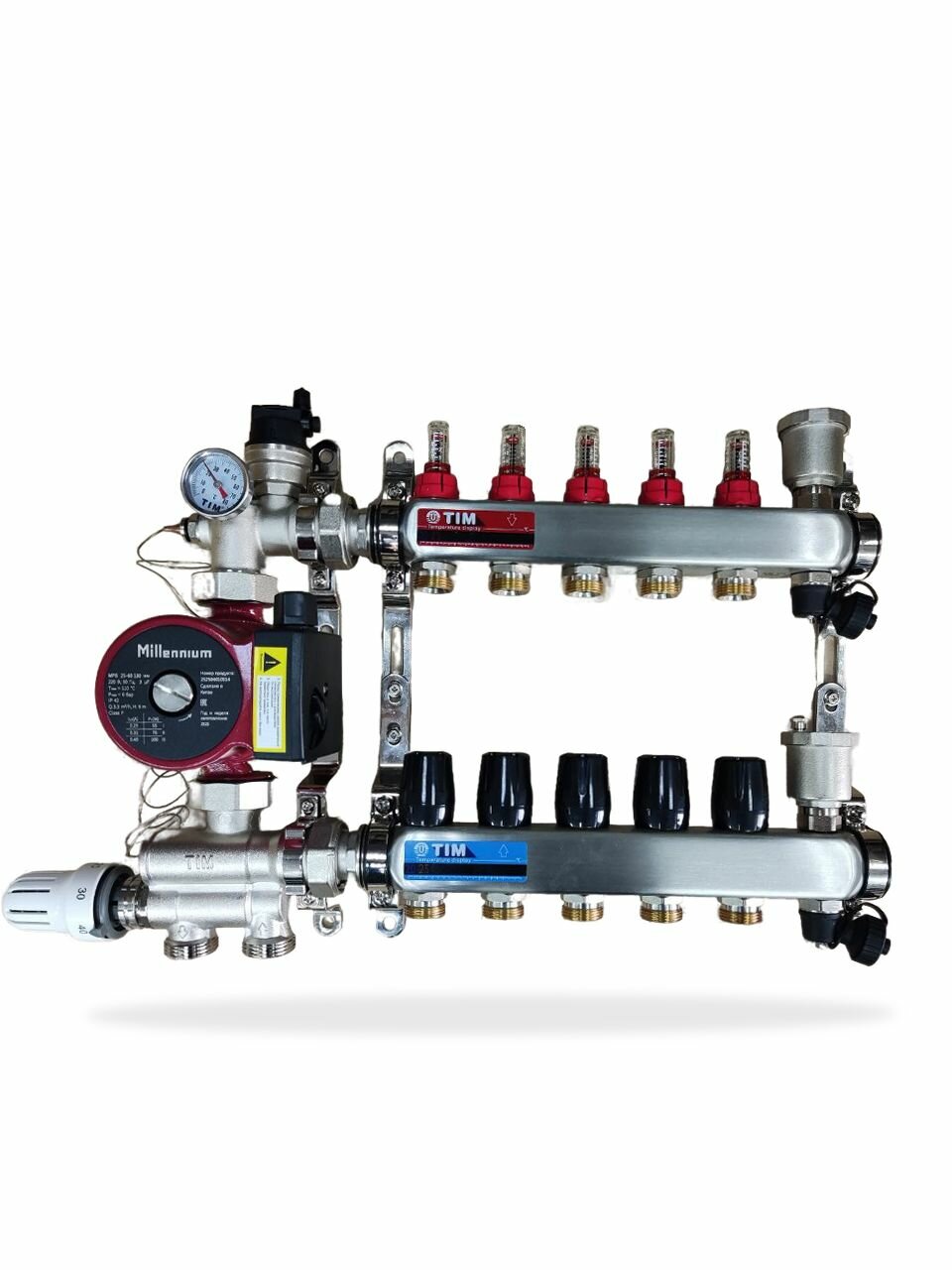 Коллектор для теплого пола на 5 контура с расходомерами + циркуляционный насос 25/6 + смесительный узел от 20-60 С и евроконусами 16х2.0 (до 70 кв/м)